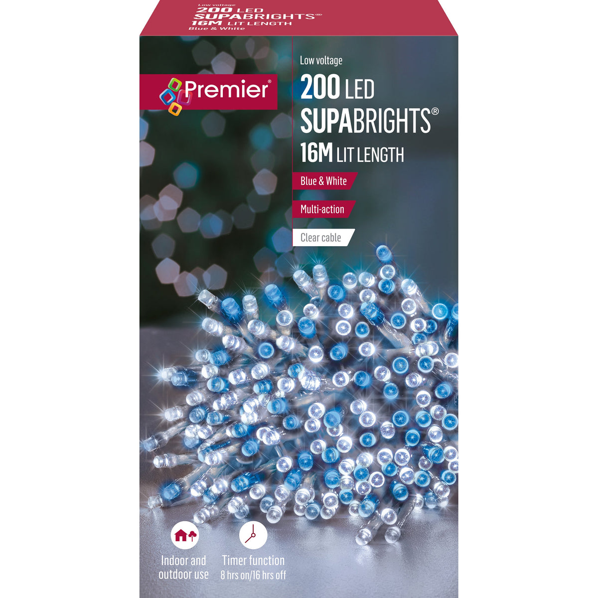 Premier 200 Blue & White LED Multi Action SupaBrights with Clear Cable – Southwood Garden Centre
