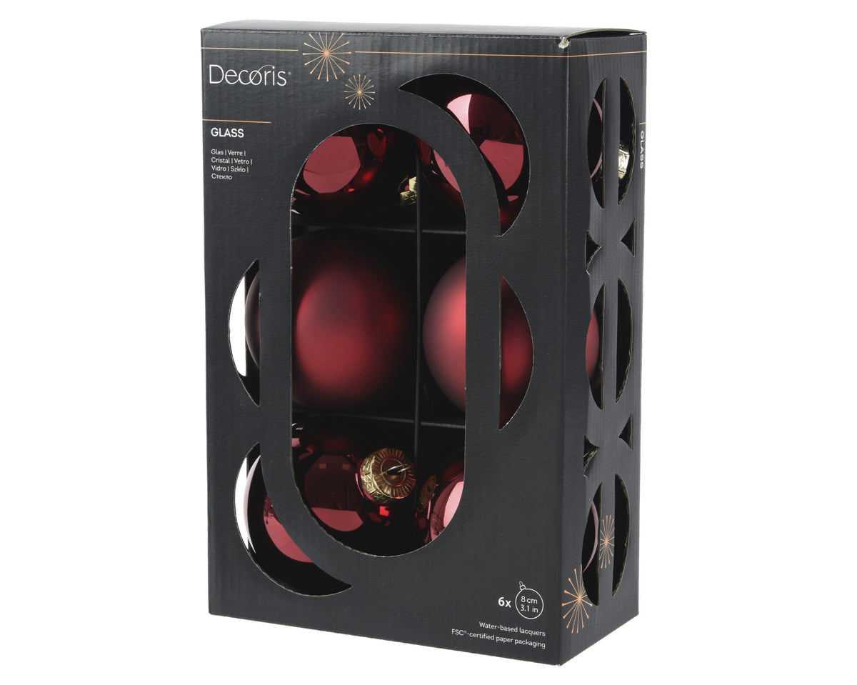 Oxblood Dark Red Glass Baubles in Shiny & Matte Finish 8cm - Box of 6 ...