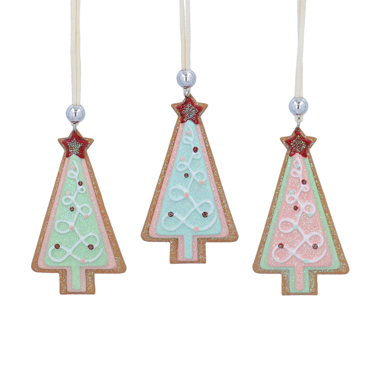 Gisela Graham Resin Gingerbread Trees with Pastel Icing Christmas Baub ...
