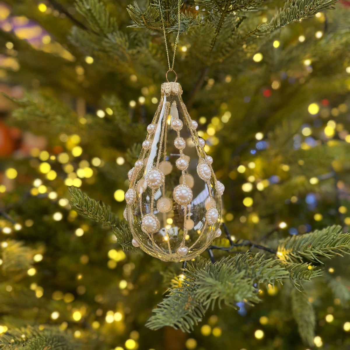 Clear Glass Teardrop Bauble with Gems & Pearls – Southwood Garden Centre