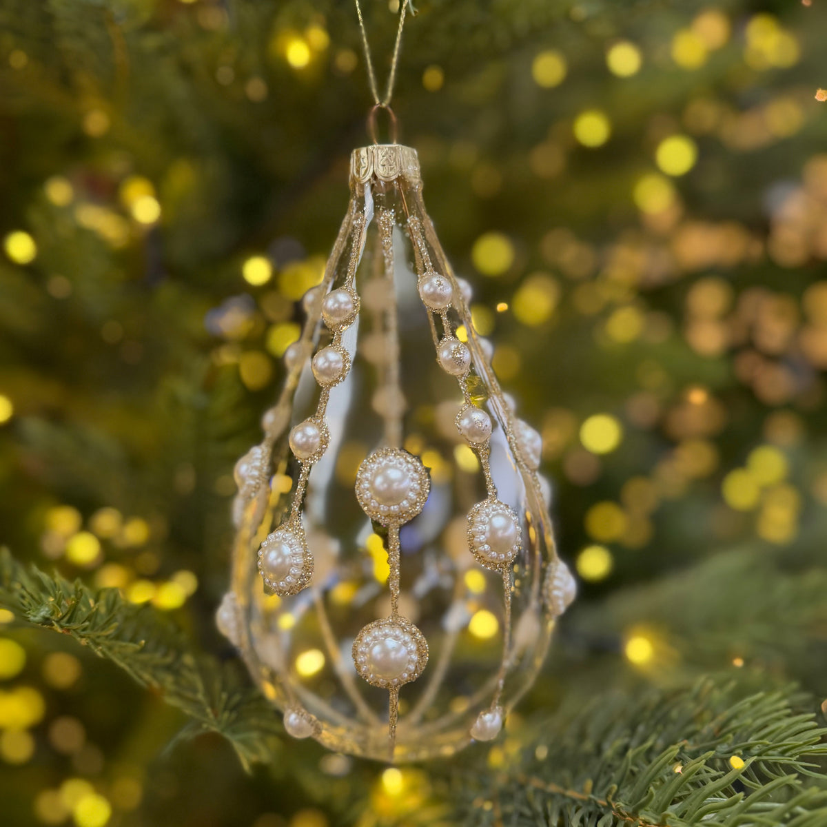 Clear Glass Teardrop Bauble with Gems & Pearls – Southwood Garden Centre