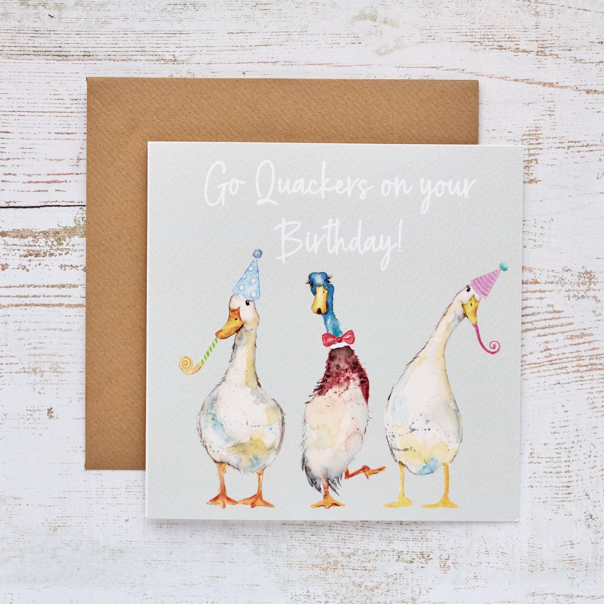 Duck Birthday Card Grey With Party Hats & Bow Tie Go Quackers ...