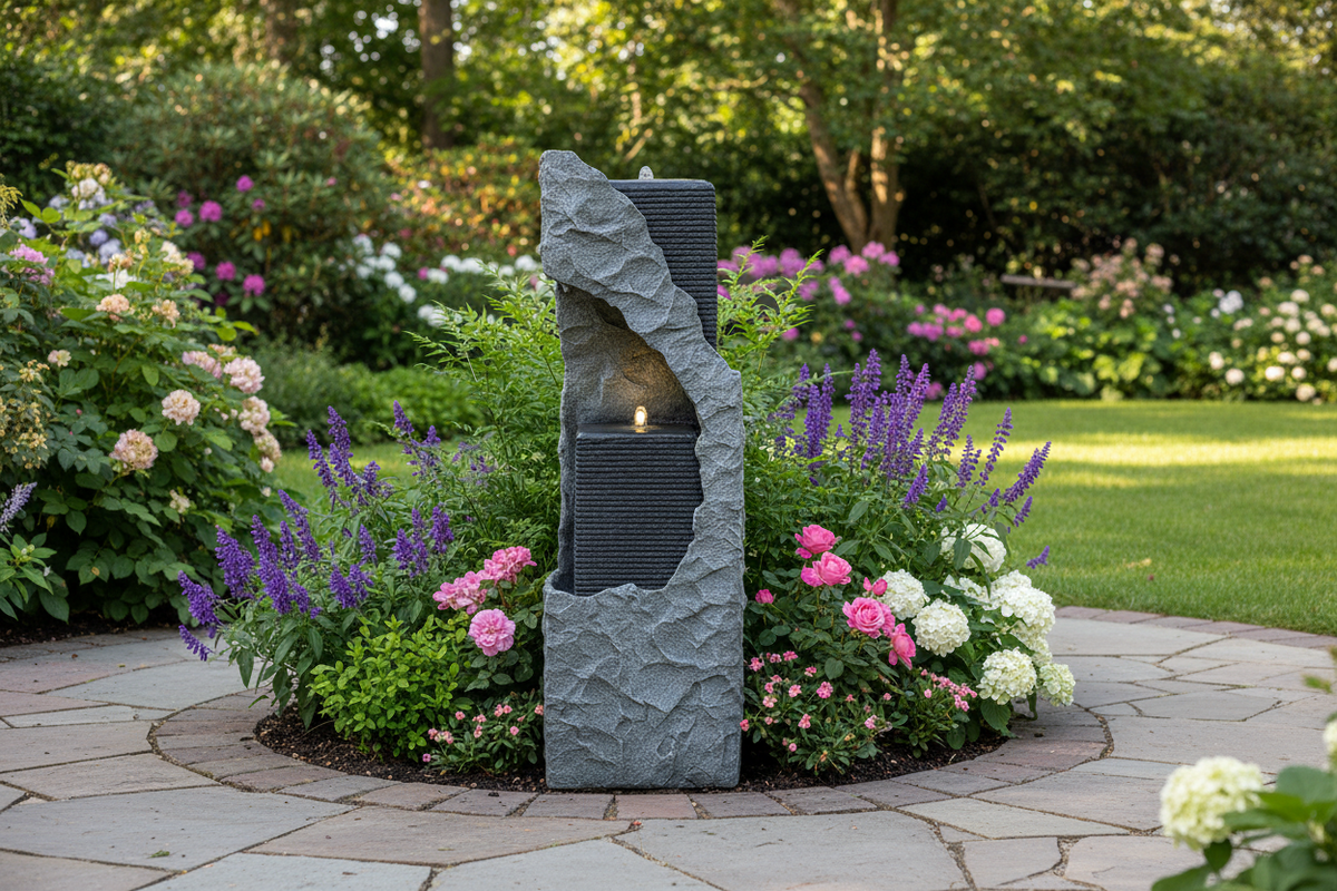 87cm Large Outdoor Dual Cascading Stone Grey Water Feature with Warm W ...