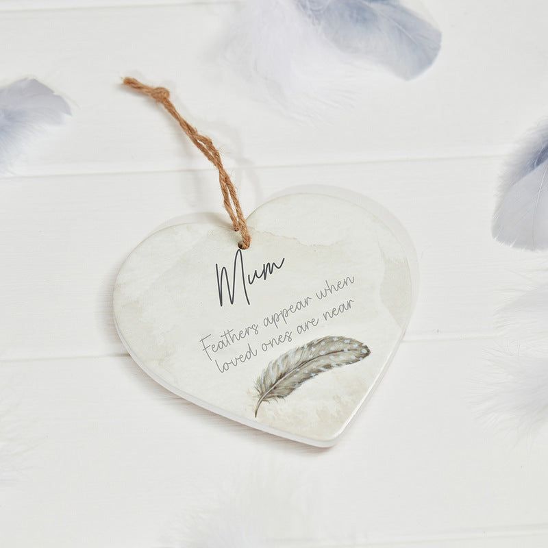 Grey Feather Mum Memory Heart Hanger Watercolour Ceramic on Hanger ...