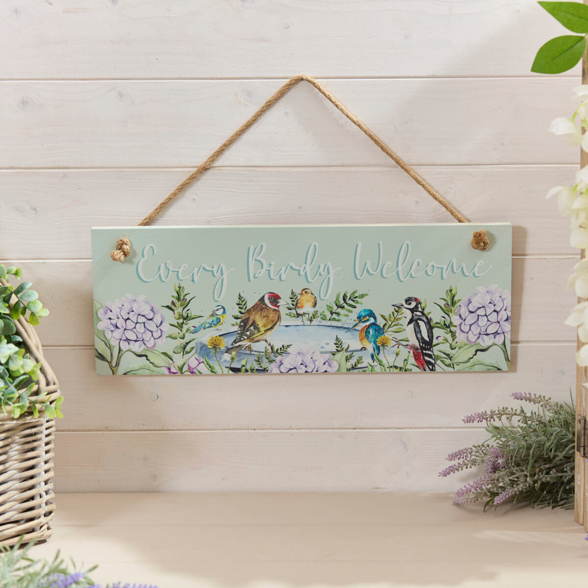 Floral Feathered Every Birdy Welcome Wood Hanging Chunky Plaque ...