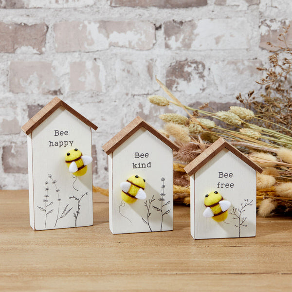 Set of 3 Bumble Bee House Blocks White Wood with 3D Fabric Bee & Quote ...