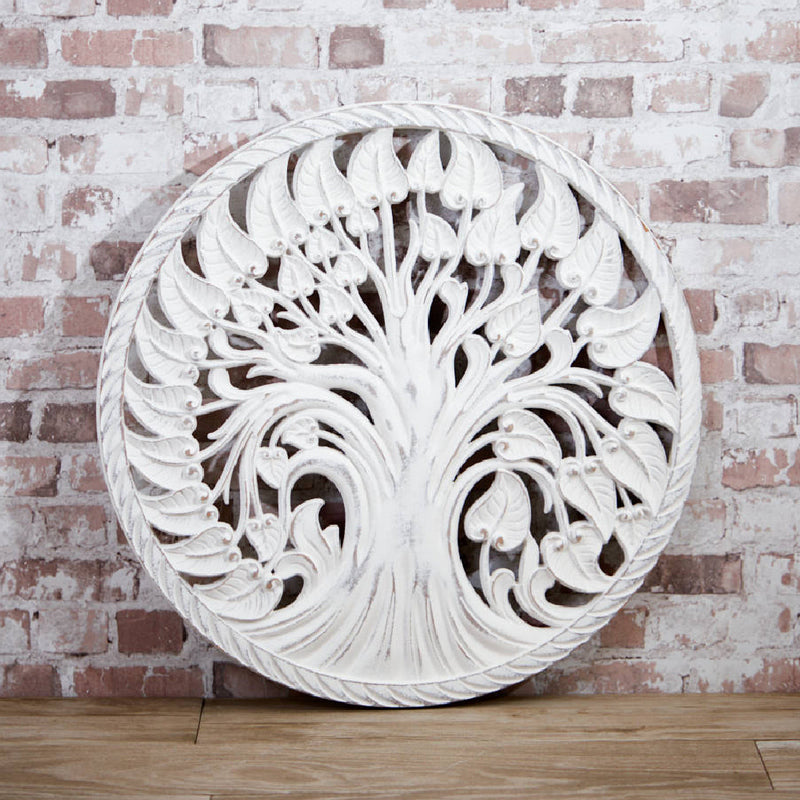 Carved Whitewashed Wood Round Tree Panel - 60cm – Southwood Garden Centre