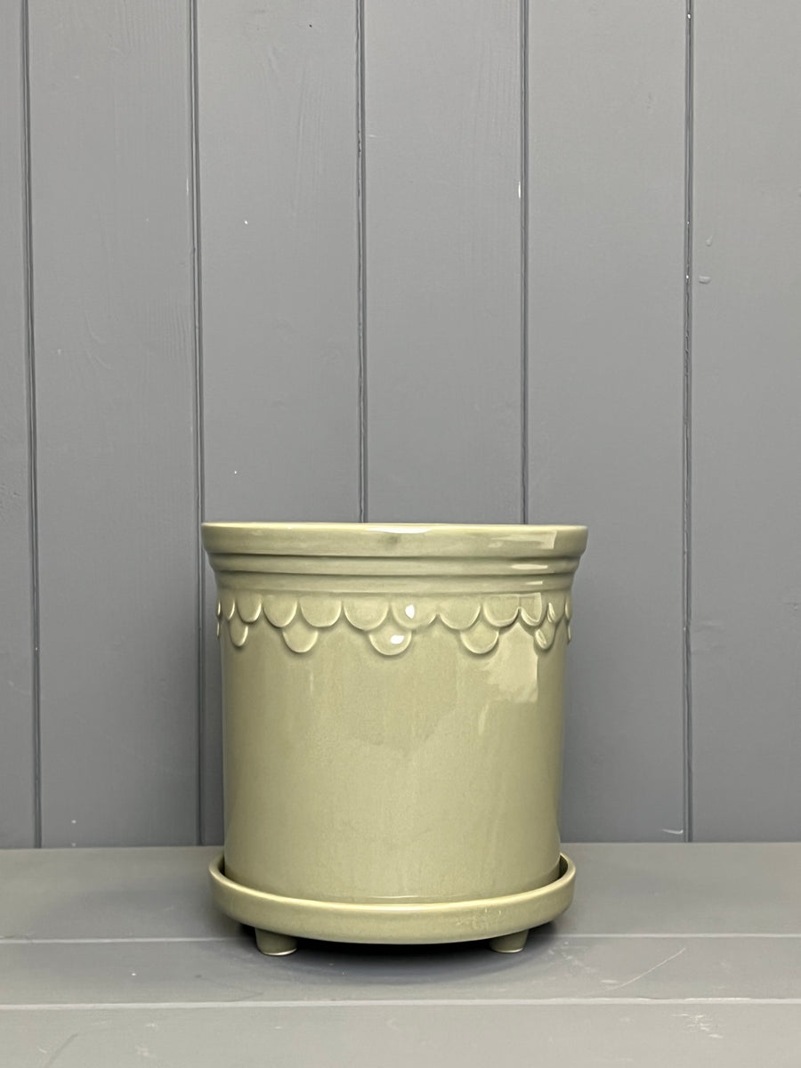 Sage Green Ceramic Patterned House Plant Pot with Saucer - 13cm ...