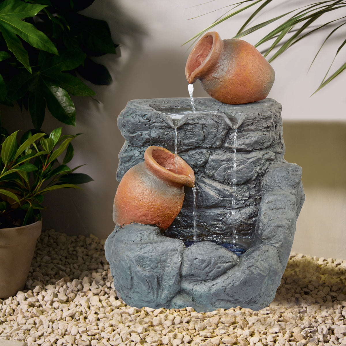 Premier Solar Cascading Jars Water Feature with LED Lights & Battery B ...