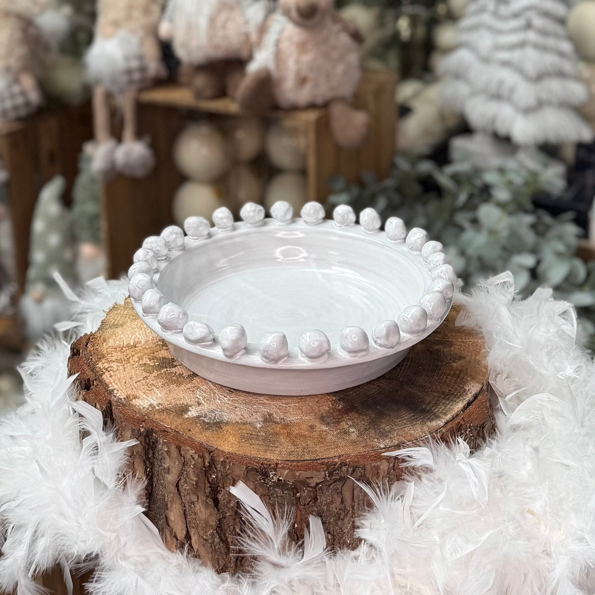 Large Distressed White Ceramic Bowl with Small Ball Edging - 28cm ...