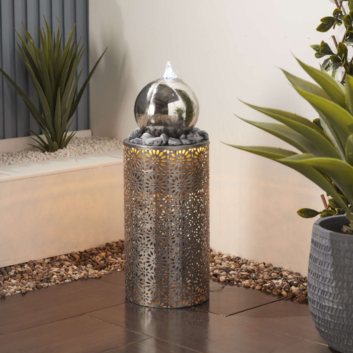 Altico Maya Metal Tall Cylinder Water Feature with LED Lights & Pump ...