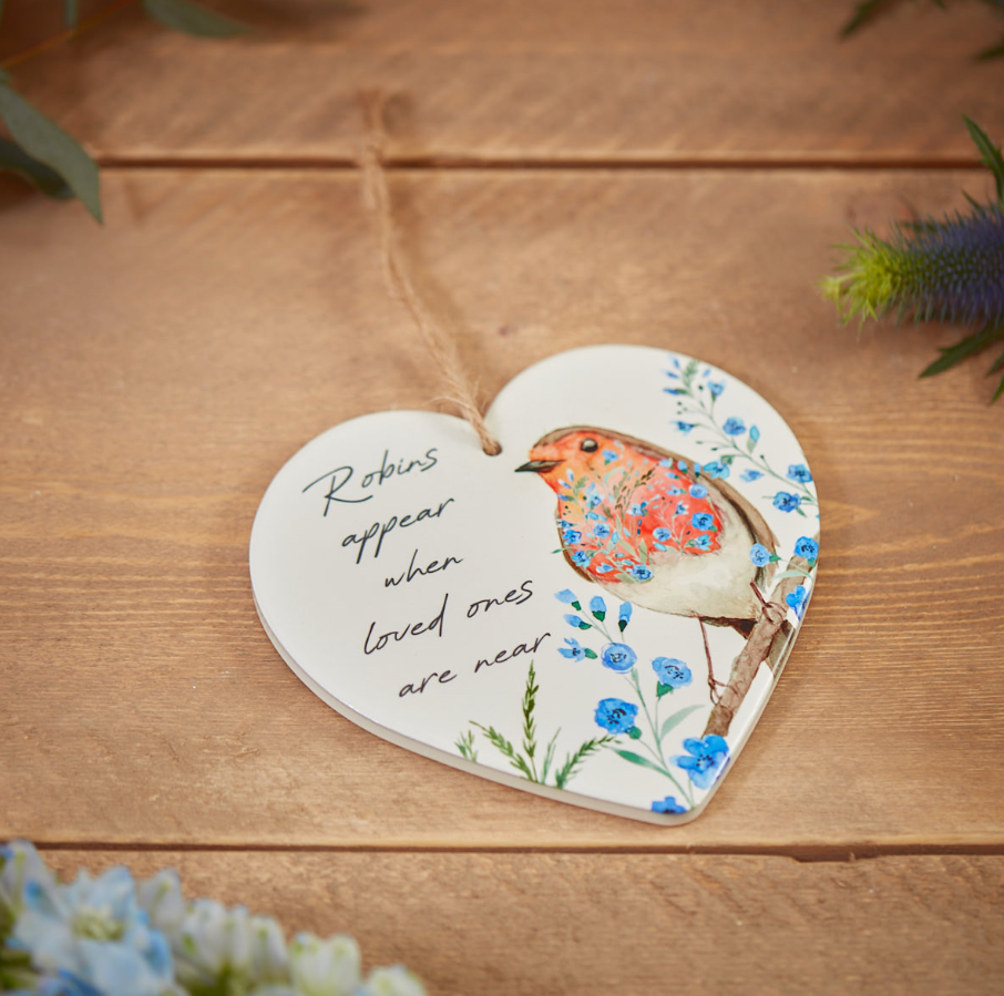 Robin Appear when Loved Ones are Near Forget Me Not Heart Hanger White ...