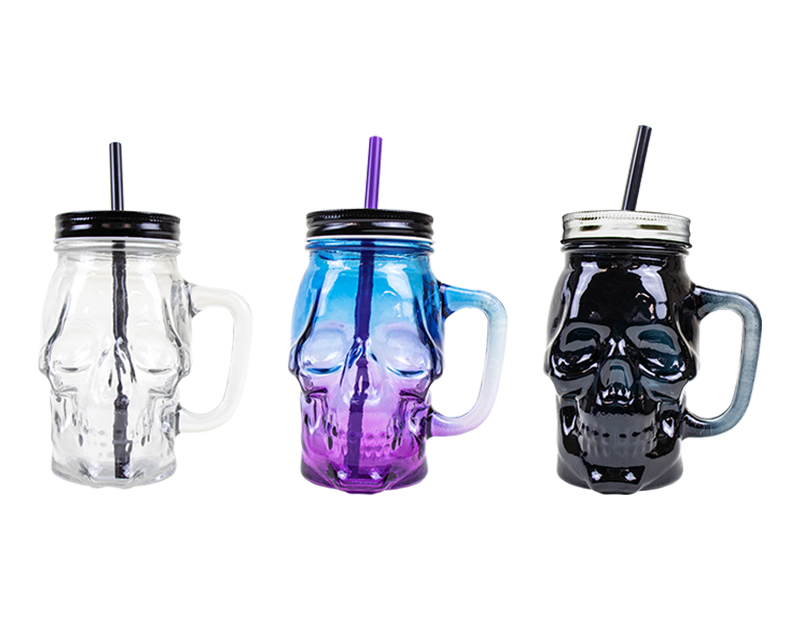 Skull Jar With Lid & Straw - Choice of three colours: black, clear and ...