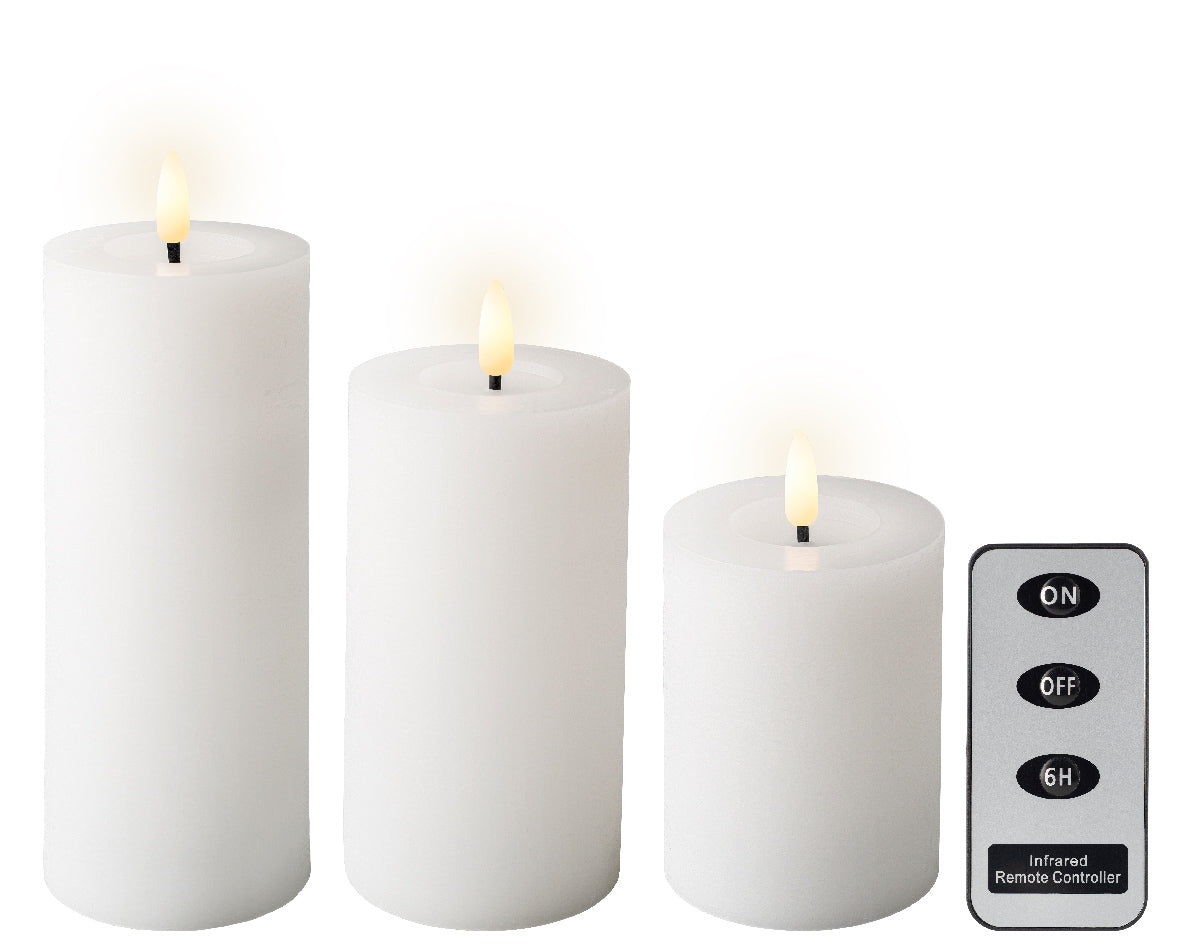 Set of 3 LED White Wax Candles with Flame Effect & Remote Control ...