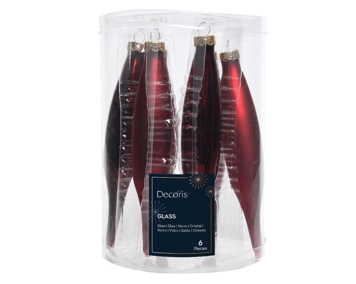 Oxblood Red Glass Icicles Baubles in Shiny & Matte Finish - Box of 6 ...