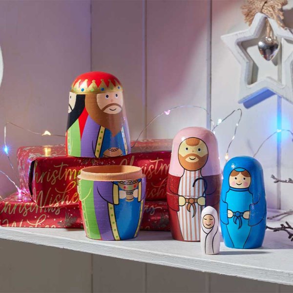 Nativity Secret! 4 in 1 Wooden Festive Figurine Russian Stacking Dolls ...