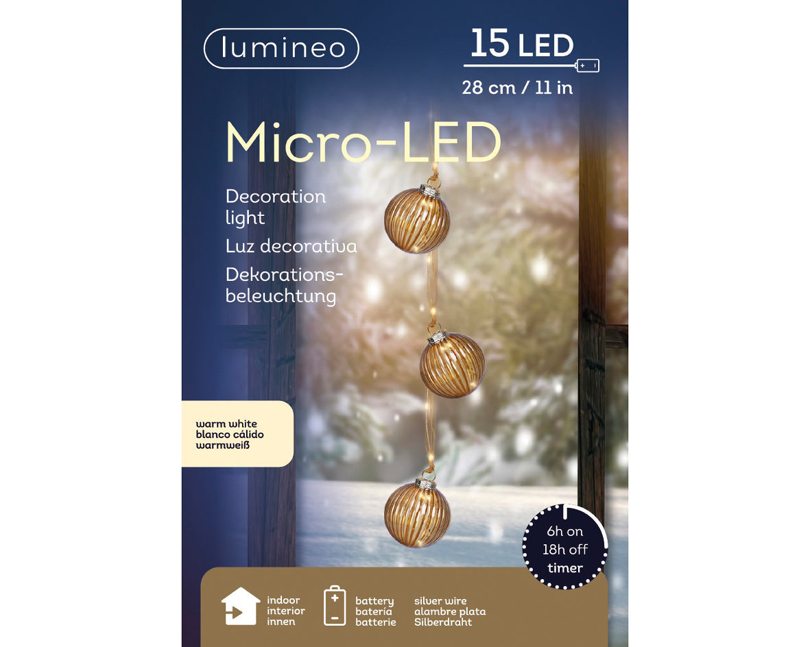 Warm White Micro LED Bauble Light Bundle with Brown Ribbon - 28cm 15 L ...