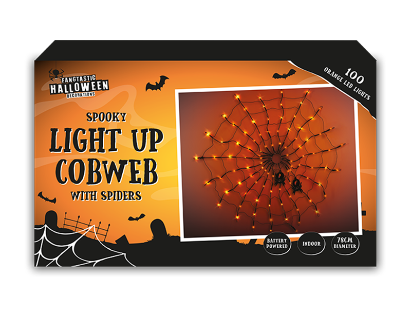 Spooky Light Up Orange Cobweb with Spiders 78cm Window Decoration ...
