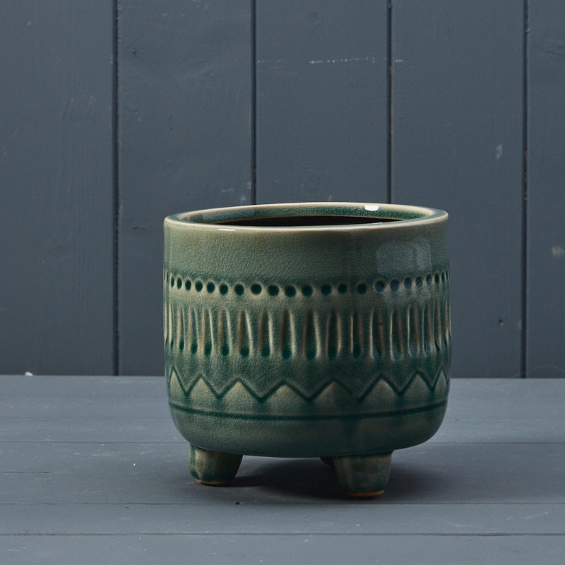 Green Patterned Ceramic House Plant Pot on Legs - 14.5cm – Southwood ...