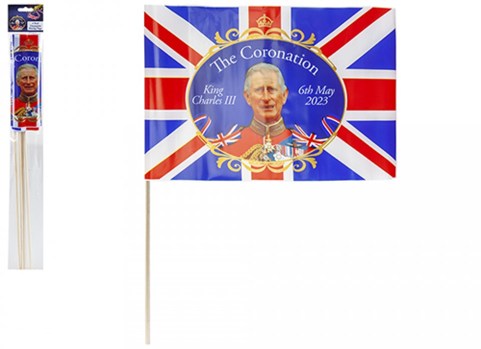 King Charles Coronation Union Jack Waving Flag on Stick - Pack of 4 ...