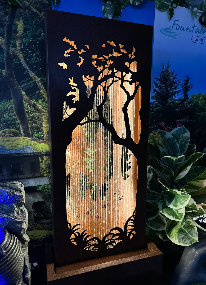 Tree Silhouette Galvanised Steel Rain Effect Water Feature with LED Li ...