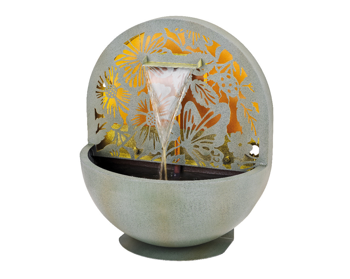 Round Grey Galvanised Steel Floral Effect Sheet Wall Water Feature wit ...