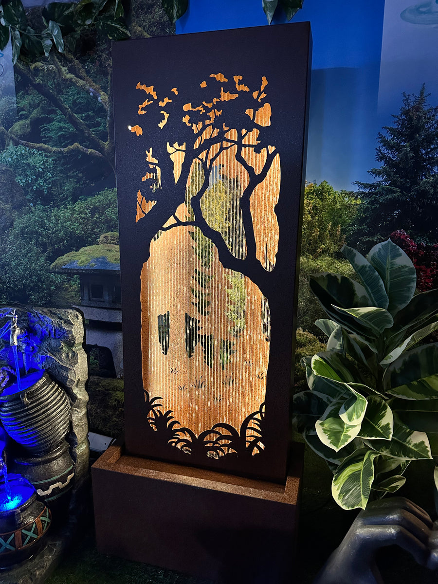 Tree Silhouette Galvanised Steel Rain Effect Water Feature with LED Li ...