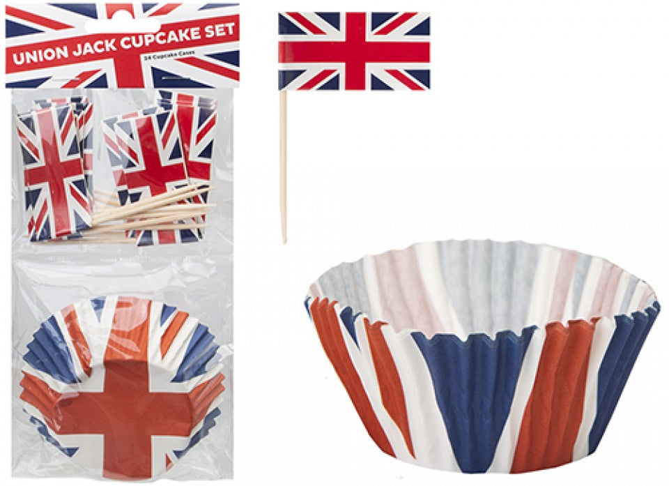 British Union Jack Bun Cupcake Case & Cocktail Stick Set - Pack of 12 ...