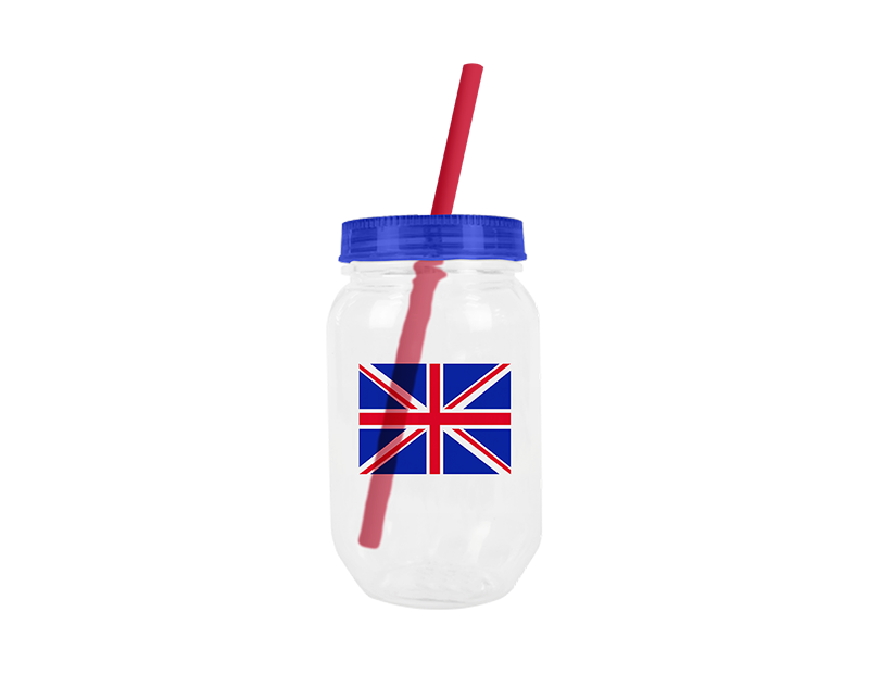 British Union Jack Flag Mason Jar Plastic Drinks Cup with Straw 500ml ...